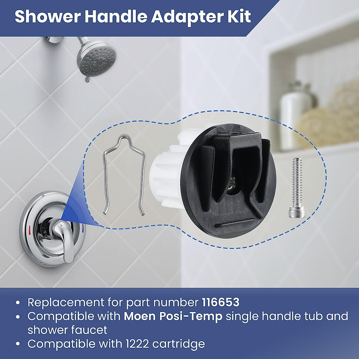 Enhon Shower Handle Adapter Kit Replacement for 116653, Compatible with Moen Posi-Temp Single Handle Tub/Shower Faucet Valve Cartridge, Shower Handle Replacement Part Adapter Kit, Plastic