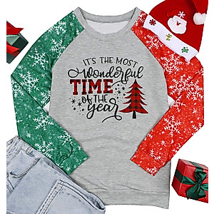TAOHONG Merry Christmas Sweartshirt for Women Xmas Buffalo Plaid Tree Color Block Christmas Snowflake Print Long Sleeve Top T-Shirt Gray