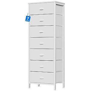 Furnulem White Tall Dresser for Bedroom with 7 Drawers, Vertical Chest of Drawers in Closet, End Table, Nightstand Storage Tower Unit Organizer with Fabric Bins for Dorm,Living Room,Entryway,Hallyway