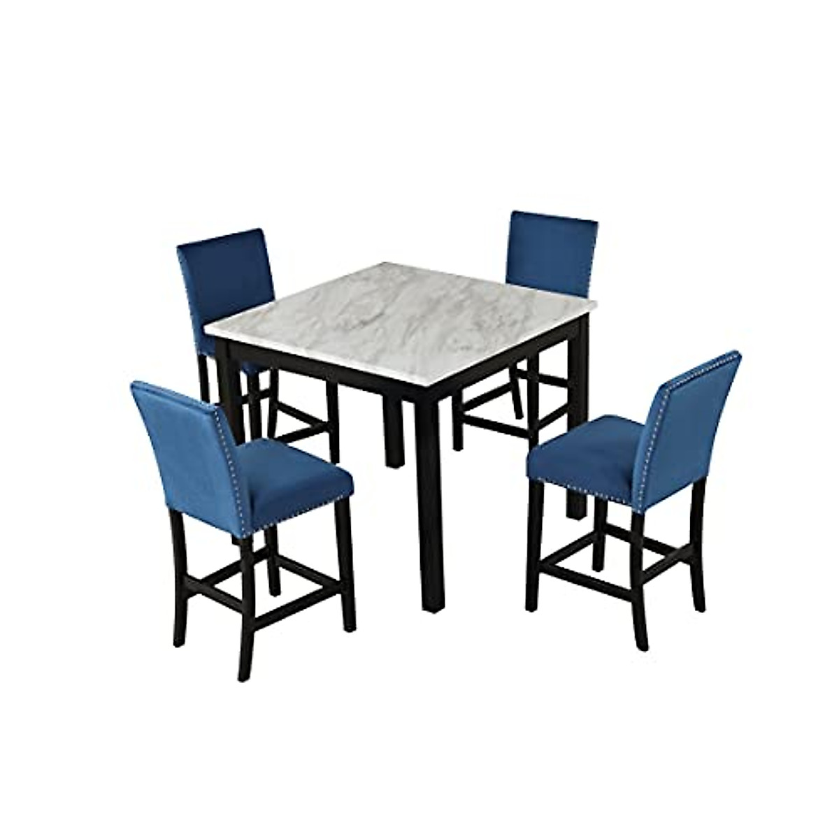 SZUBEE 4 5-Piece Counter Height Set with One Faux Marble Dining Table and Four Upholstered-Seat Chairs for Kitchen, Blue