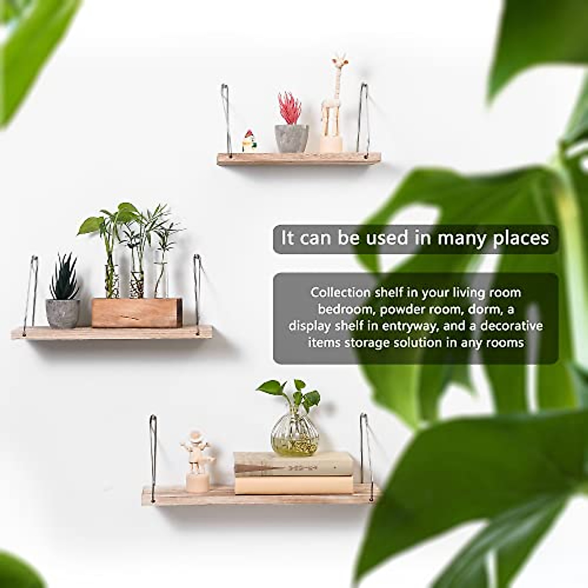 MITIME Floating Shelves Set of 3 Rustic Solid Wood Floating Shelf Wall Storage Shelves for Living Room, Bedroom, Bathroom, Kitchen Laundry, Office (Light Colour L+M+S)