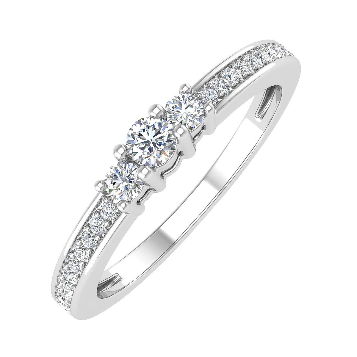 FINEROCK 10k White Gold 3-Stone Diamond Engagement Ring (0.22 Carat) (Ring Size 6)