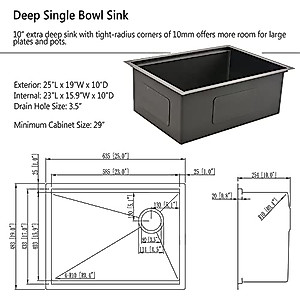 25 Inch Undermount Kitchen Sink Workstation, Jshozzy 25x19 Handmade Black 304 Stainless Steel Undermount Kitchen Sink with Offset Drain Deep Single Bowl Bar Prep Sink Basin