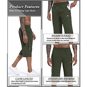 MAGCOMSEN Mens 3/4 Capri Pants Outdoor Quick Dry Knee Length Gym Drawstring Training Workout Running Shorts Army Green, 40