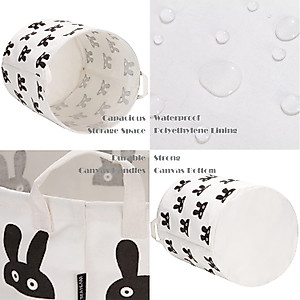 Sea Team 19.7" Large Sized Waterproof Coating Ramie Cotton Fabric Folding Laundry Hamper Bucket Cylindric Burlap Canvas Storage Basket with Cute Bunny Design (Black)