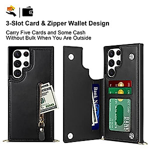 Vofolen Wallet Case for Samsung Galaxy S22 Ultra with Card Holder Lanyard Neck Crossbody Detachable Strap Zipper Purse Square Flip Slim PU Leather Double Magnetic Clasp Kickstand Cover 6.8 inch Black