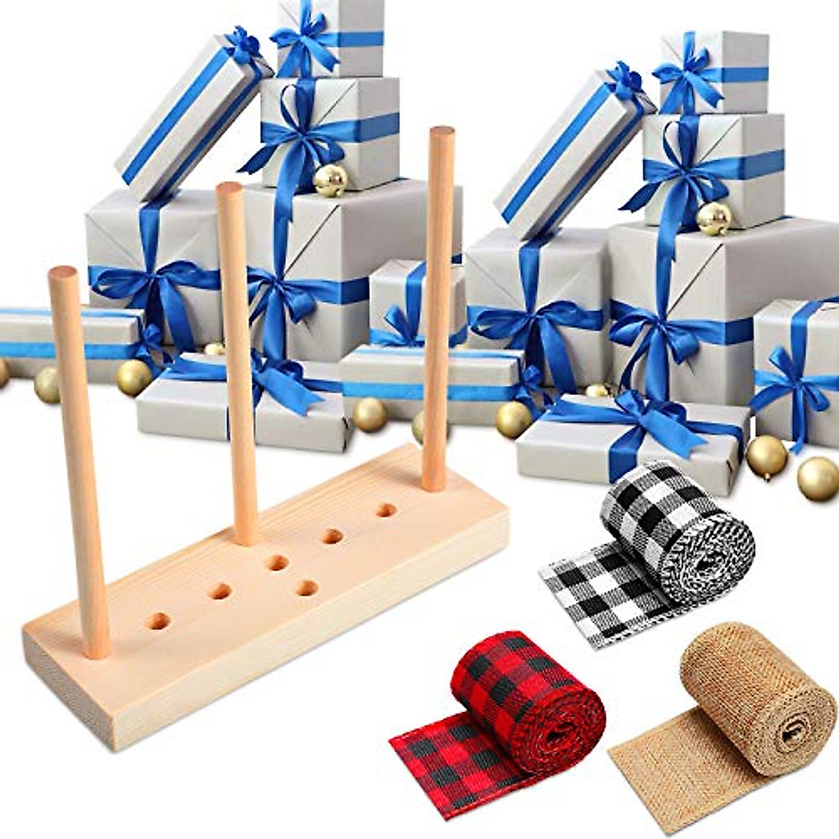 Wooden Ribbon Bow Maker with 3 Rolls Wired Burlap Craft Ribbons for Christmas Bows Holiday Wreaths Crafts Decoration