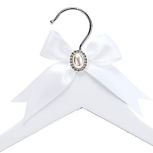 HUIDIAN White Solid Wood Bridal Dress Hanger with Lady Wire Lettering for Bridal Wedding Party Gift (Pearl Silver Thread and White Hanger)
