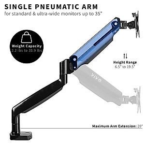 VIVO Premium Aluminum Heavy Duty Single Monitor Arm for Ultrawide Monitor up to 35 inches and 30.9 lbs, Desk Mount Stand, Pneumatic Height, Max VESA 100x100, Black, STAND-V101Q