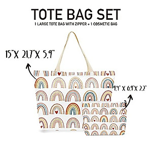 Tote Bag Makeup Bag Boho Rainbow Decor Rainbow Party Decorations Rainbow Party Favors Supplies Rainbow Gifts for Women Girls Bohemian Decor Waterproof Tote Bag with Zipper Cosmetic Bag Set of 2