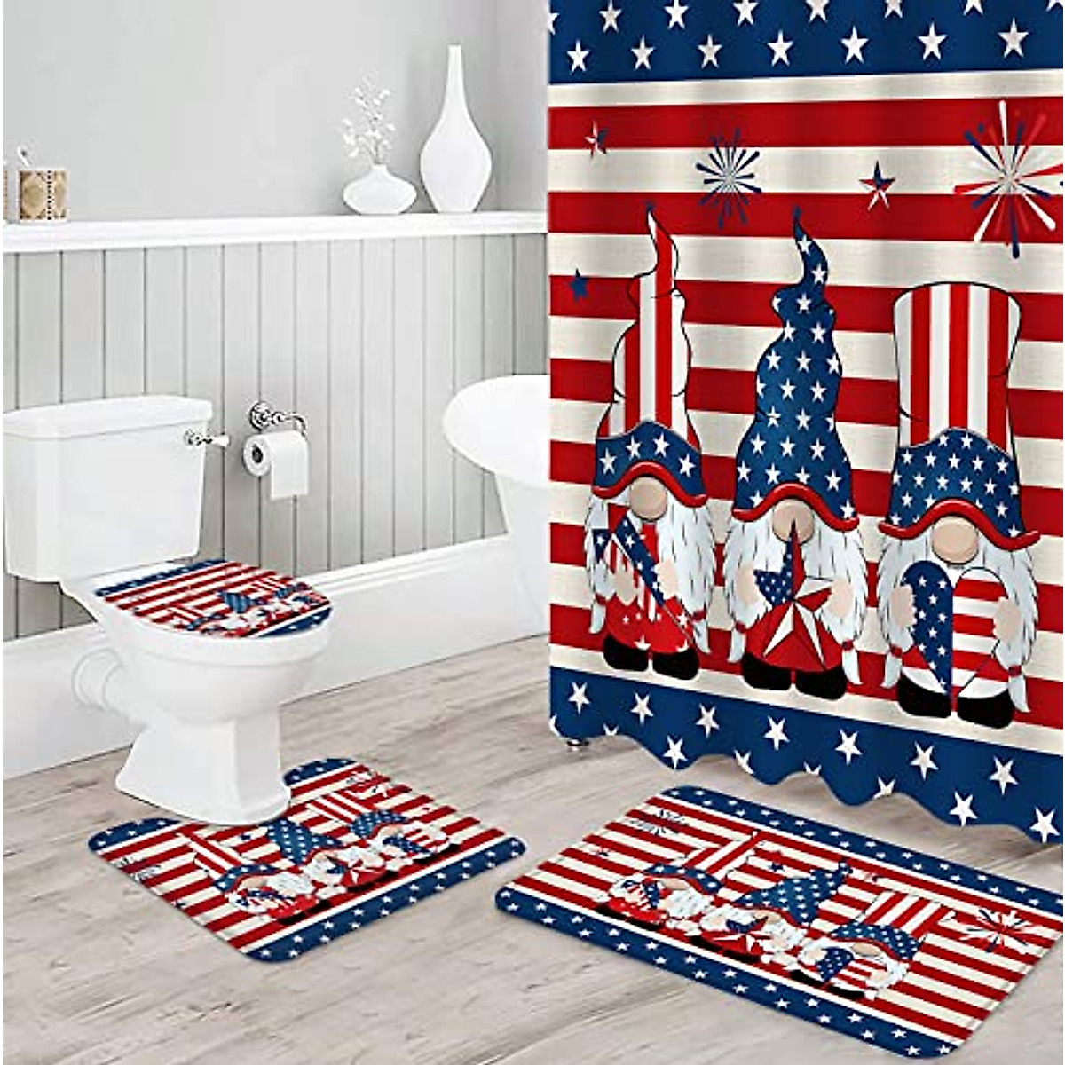 Comforance 4 Pcs Shower Curtain Set with Rug, Independence Day Star Bathroom Curtains Shower Set Toilet Mat Lid Rug Bathroom Sets Shower Curtain Sets with Hooks, Cute Gnomes Red Blue Stripes