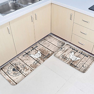 Rustic Farmhouse Kitchen Rug Set Kitchen Mats Cushioned Anti Fatigue Wood Farm Fresh Locally Grown Chicken Mats for Standing Waterproof Microfiber Easy to Clean 2 Pieces 19.7x31.5inch+19.7x47.2inch
