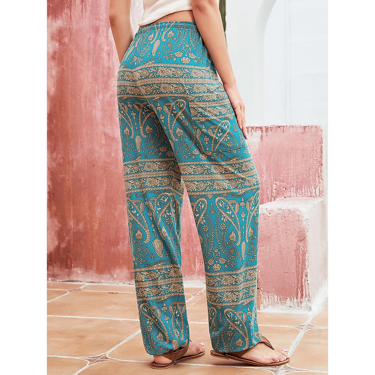 QIANXIZHAN Women's Harem Pants, Hippie Palazzo Pants Boho Joggers Yoga Clothes with Pockets Cyan Flower 2XL