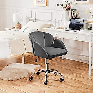 Yaheetech Cute Velvet Desk Chair for Home Office, Makeup Vanity Chair with Armrests for Bedroom Modern Swivel Rolling Chair for Women Dark Gray