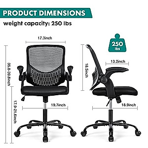 OLIXIS Wheels, Ergonomic Home Office Flip-up Arms and Lumbar Support, Mesh Swivel Rolling Height Adjustable, Tilt and Lock, Computer Desk Chair, Black