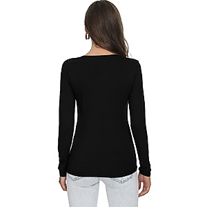 LINDLOOK Women's Slim Fitted V Neck Long Sleeve T Shirt Basic Soft Cotton Tops(Black/V-Neck,L)