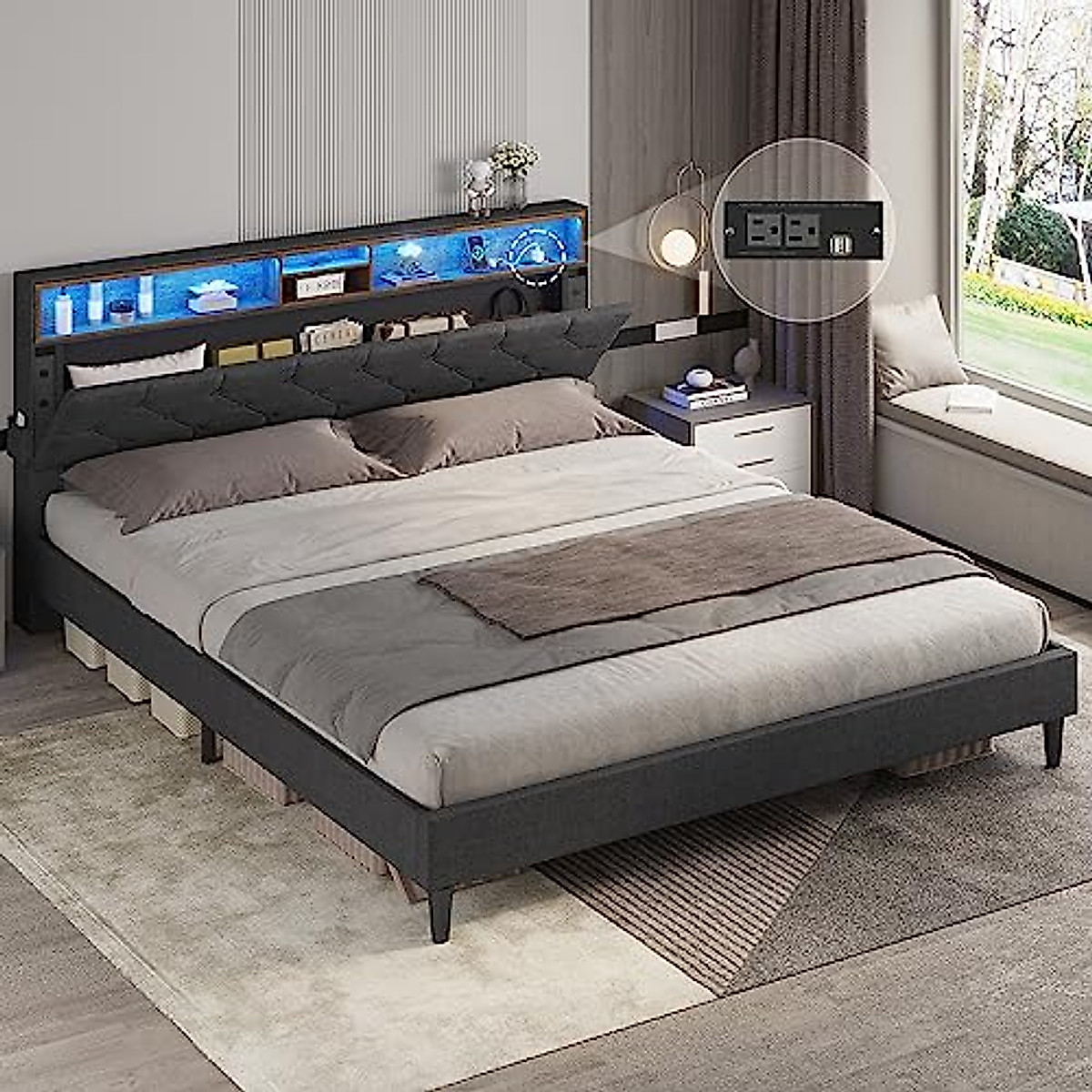 ADORNEVE LED Bed Frame Full Size with Storage Headboard, Platform Bed Frame with Outlets and USB Ports, Upholstered Bed with LED Lights & Storage, Diamond Stitched Button Tufted Design, Dark Grey