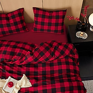 Wake In Cloud - Gingham Cotton Duvet Cover Set, Plaid Buffalo Check Checkered Farmhouse, 100% Washed Cotton Textured Percale Bedding Set, 3 Pieces, Red Black, California King Size