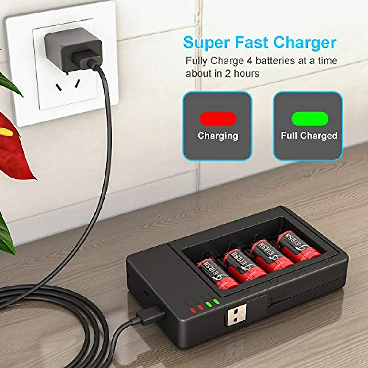 QUICKHELP 8 Pack CR123A Lithium Battery, 3.7V Rechargeable Cr123a Batteries and LED Charger Compatible with Arlo Cameras (VMC3030/VMK3200/VMS3330/3430/3530), Flashlight, Microphone