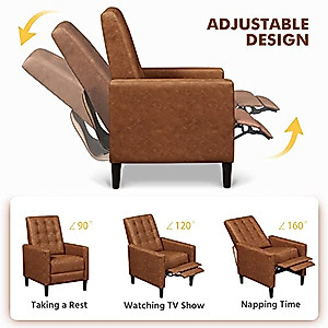Yaheetech Faux Leather Recliner Sofa Mid-Century Modern Single Reclining Chair Adjustable Back & Footrest Tufted Upholstered Sofa with Pocket Spring Living Room Bedroom Home Theater Brown