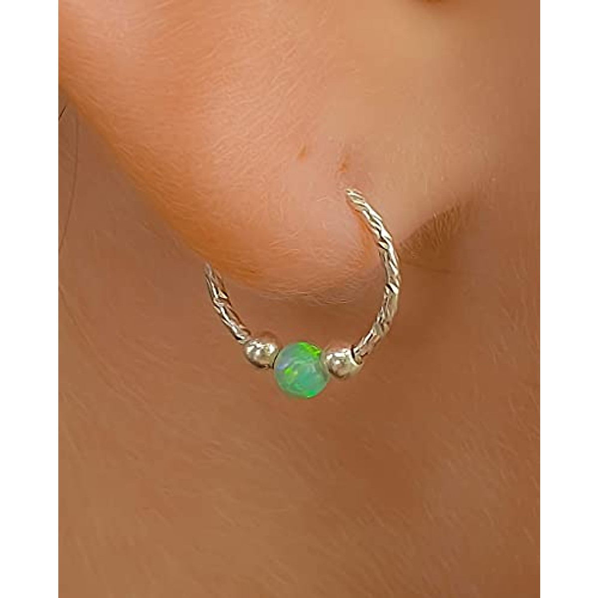 Silver Hoop Earrings - Dainty Hoop Earrings with Green 3mm Opal - Small 20 Gauge Cartilage Earring - A Pair Of 2 Huggie Hoop Earrings