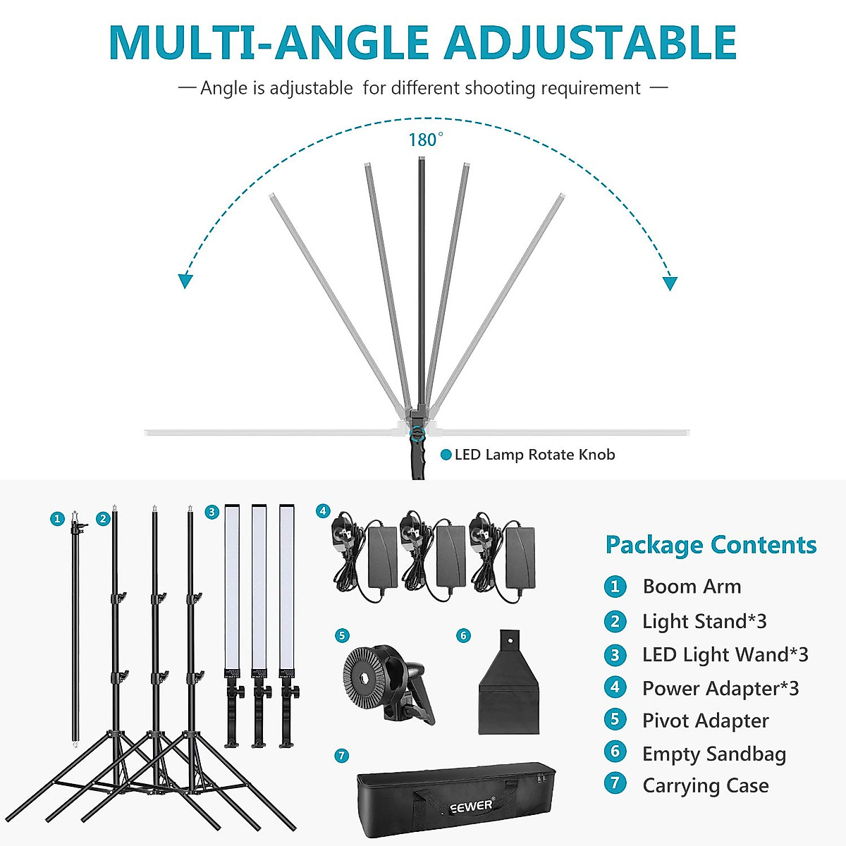 Neewer 3-Pack 60 LED Video Lighting Kit with Adjustable Brightness, 2.24 Meters Light Stand