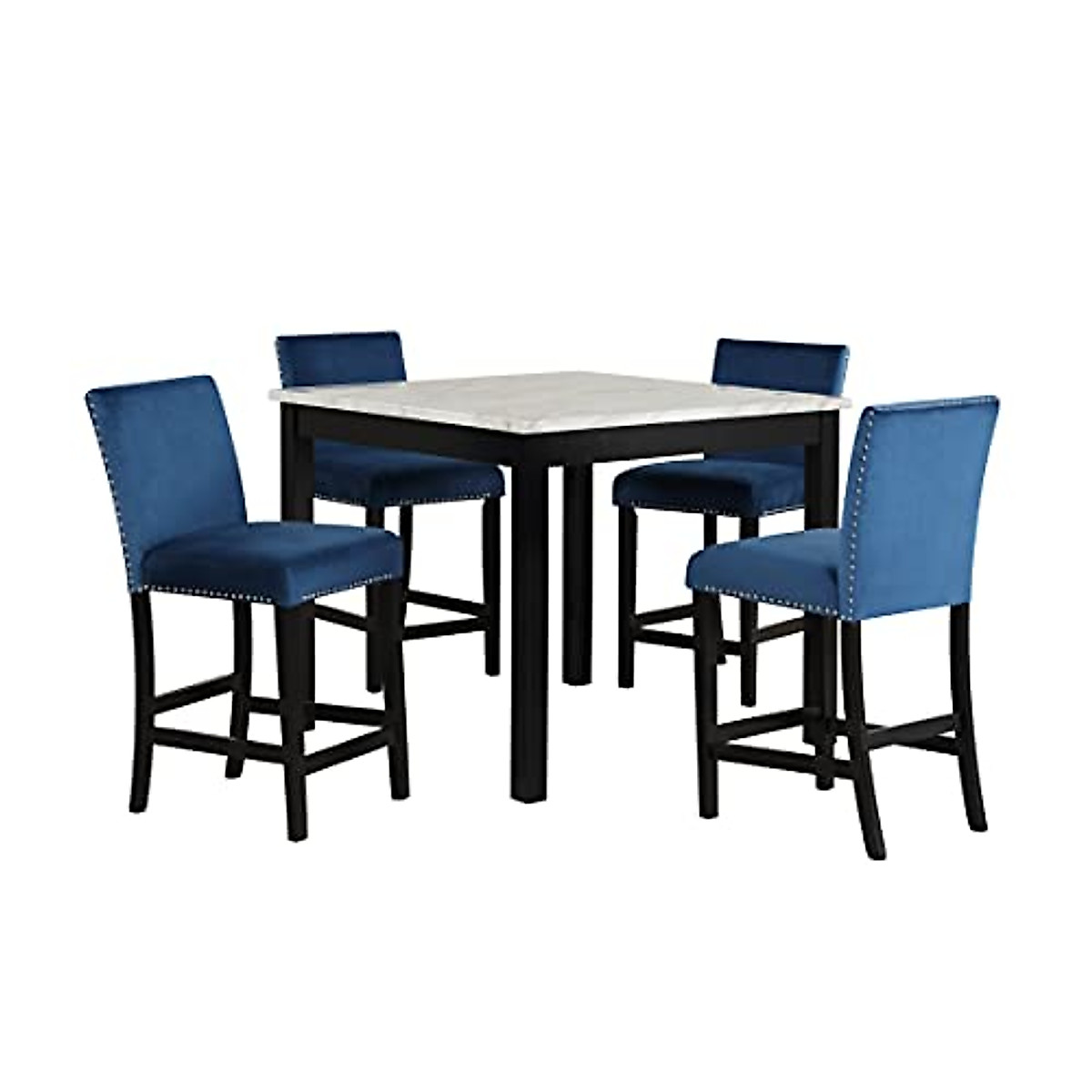 SZUBEE 4 5-Piece Counter Height Set with One Faux Marble Dining Table and Four Upholstered-Seat Chairs for Kitchen, Blue