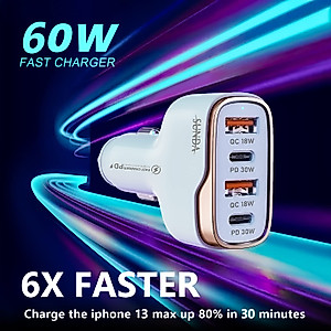 SUNDA 60W USB C Fast Car Charger, 4-Ports Car Charger Adapter, Dual Type C PD30W/PPS30W Compatible with iPhone16/15 Pro/Max/iPhone14/iPad Pro/Galaxy/SamsungS24, Dual USB-A 18W QC3.0 for Android
