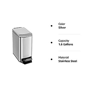 TrashAid Small Bathroom Trash Can with Lid Soft Close, 6 Liter / 1.6 Gallon Stainless Steel Garbage Can Narrow with Removable Inner Bucket, Step Pedal (Silver)