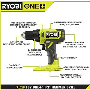 RYOBI ONE+ 18V Cordless 1/2 in. Hammer Drill (Tool Only)
