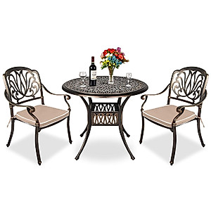 TITIMO 3 Piece Patio Dining Set, All-Weather Outdoor Cast Aluminum Patio Furniture Conversation Set Includes Round Table and Chairs with Cushions and Umbrella Hole for Patio Garden Deck (Khaki)