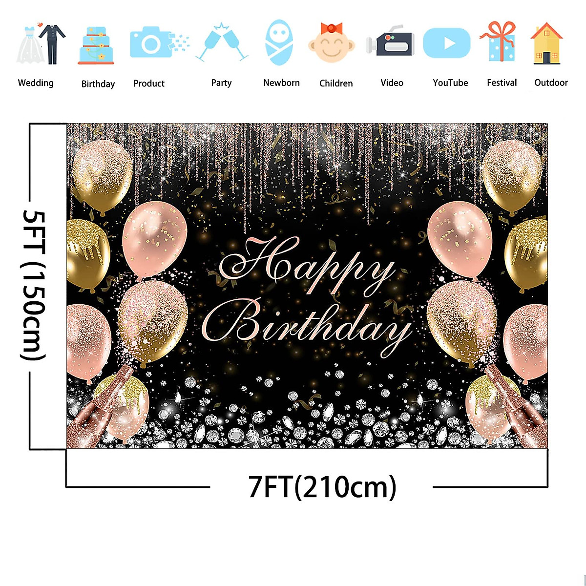 Avezano Rose Gold and Black Birthday Backdrop Glitter Diamond Sprinkles Balloon Bokeh Birthday Photography Background for Girls Women Bday Party Happy Birthday Photobooth Props (Rose Gold, 7x5ft)