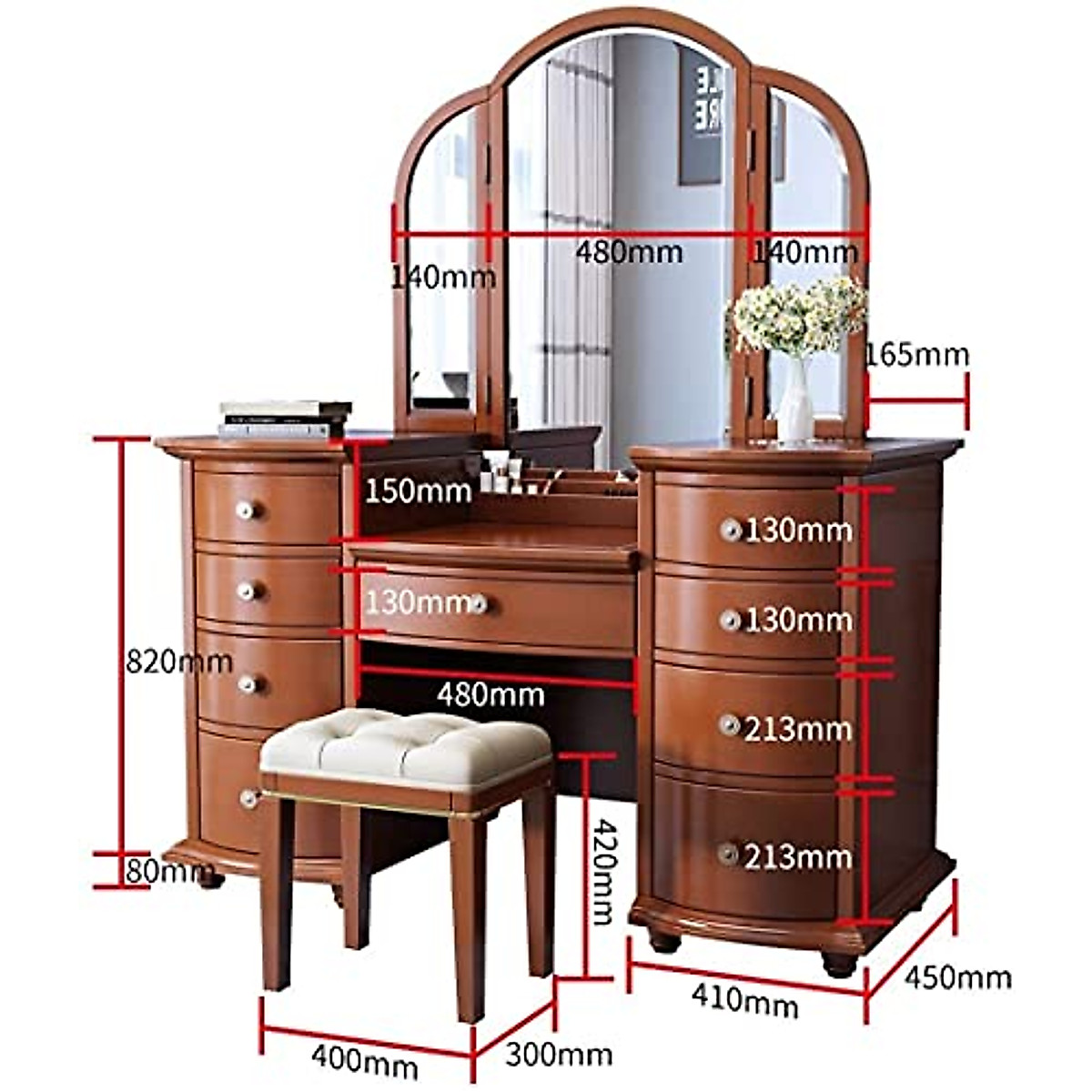 LEONYS Makeup Vanity Table Set with Round Mirror, Built-in LED Light, Dressing Desk with 9 Drawers and Cushioned Stool for Bedroom, for Women (Color : Brown)
