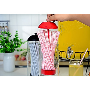 Straw Dispenser with Stainless Steel Lid | Glass Red Straw Holder for Counter with Lid | Drinking Straw Dispensers | Straw Container | Holds Straws up to 8.5 Inches, Red