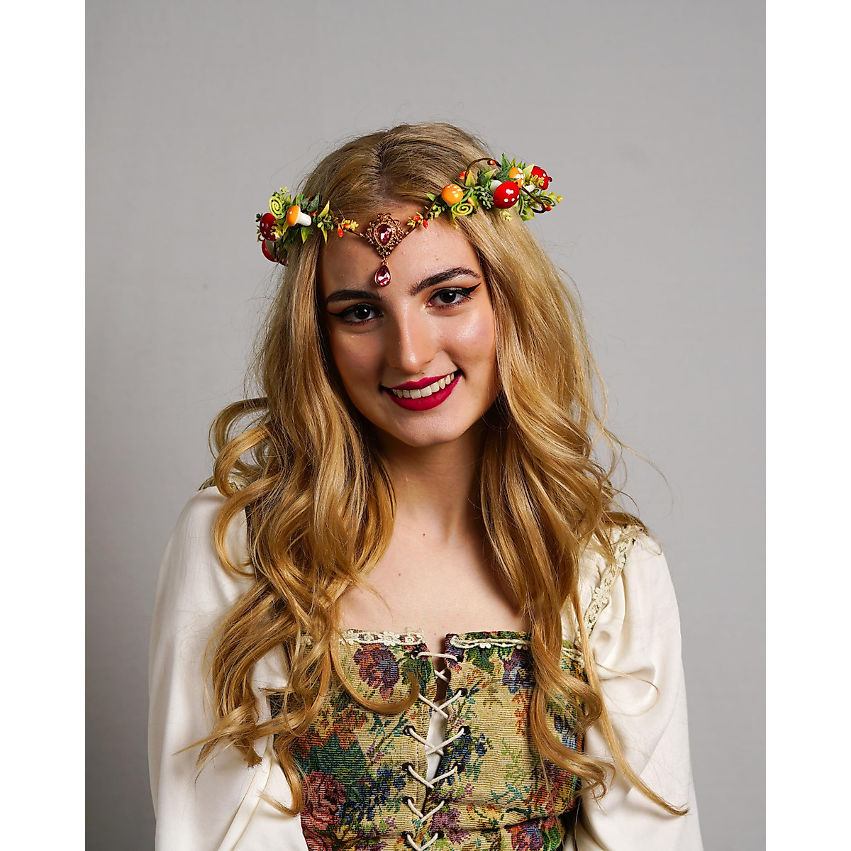 MOSTORY Handmade Woodland Mushroom Crown Flower Headpiece Elf Headband Fairy Tiara for Women Girls Renaissance Halloween Christmas Cosplay Accessory Orange