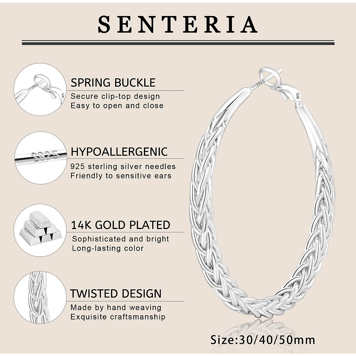 Senteria Silver Hoop Earrings for Women 925 Sterling Silver Hoop Earrings Hypoallergenic Lightweight Large Silver Hoop Earrings Thick Twisted Silver Hoop Earrings