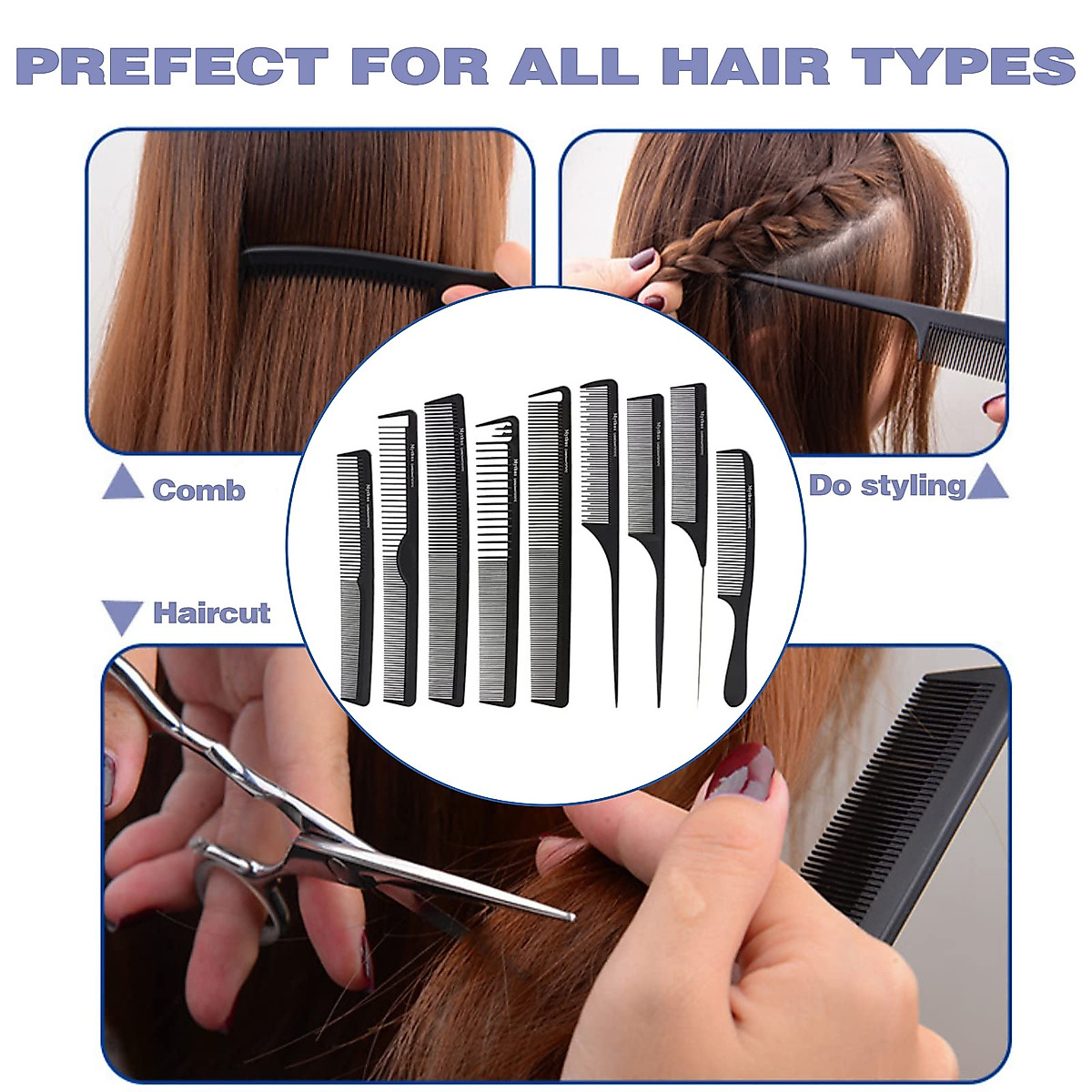 CestoMen 9pcs Carbon Fiber Stylist Combs Set, Anti Static Hair Cutting Comb Salon Styling Hairdressing Carbon Combs Rat Tail Comb for All Hair - Black