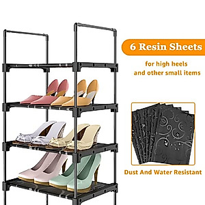 Goramio 10 Tiers Tall Shoe Rack, 20-24 Pairs Shoe and Boots Storage Organizer, Stackable Metal Shoe Shelf with Hooks, Space Saving Narrow Shoe Rack for Entryway, Closet, Bedroom, Sturdy, Black