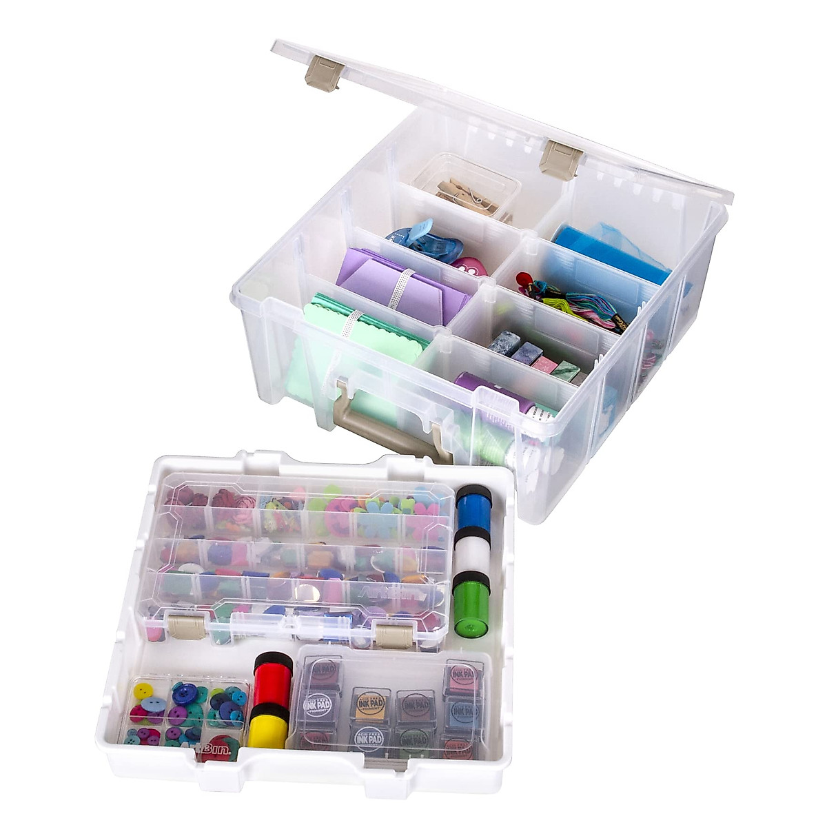 ArtBin 6899AZ Super Satchel Double Deep with Lift-Out Tray Storage Container, Portable Arts & Crafts Organizer with Removable Dividers, Clear