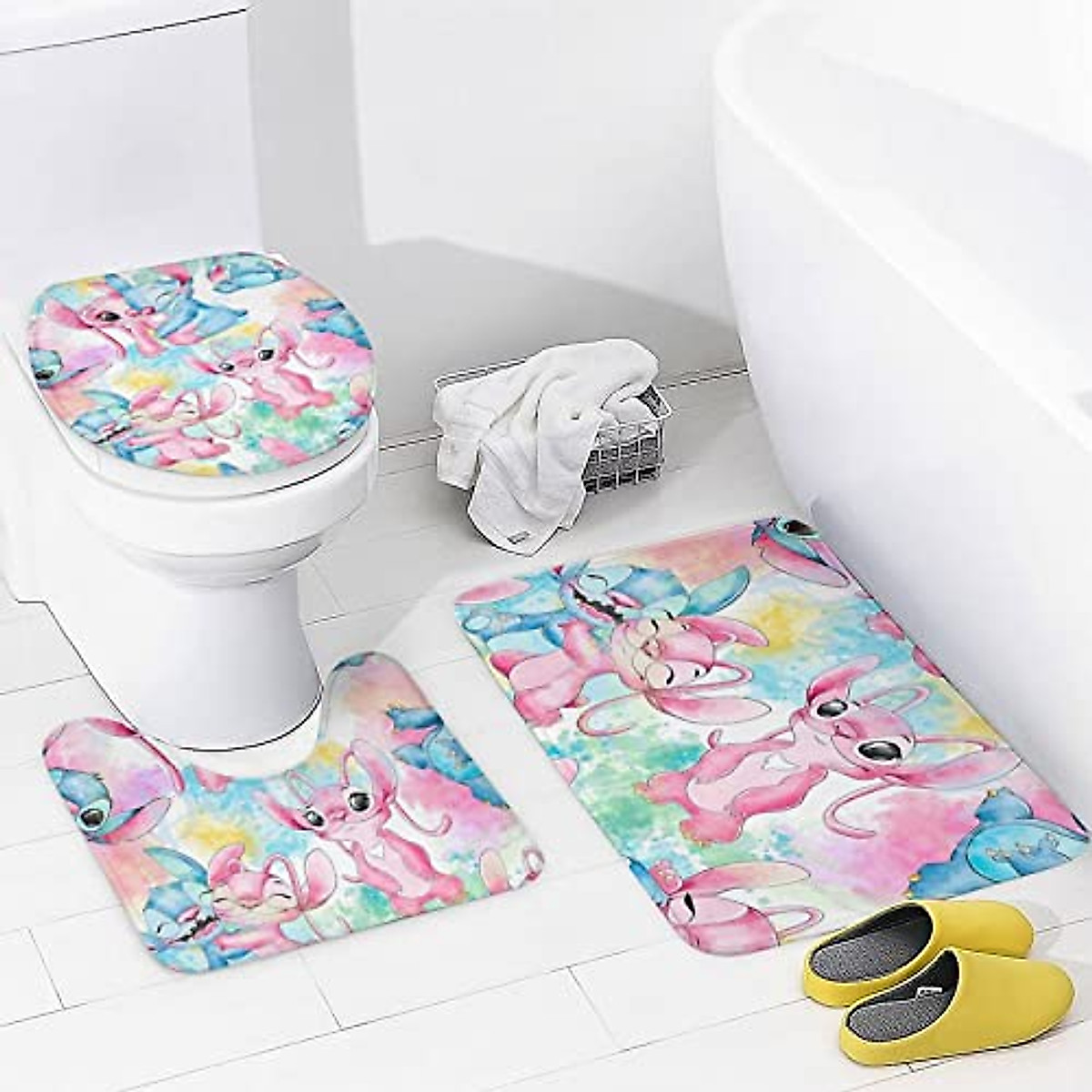 fmsnupz Cartoon Shower Curtain 4PCS Set, Cute Bathroom Decor with Non-Slip Rugs, Toilet Lid Cover and Bath Mat, Waterproof Fabric Shower Curtains with 12 Hooks, 70.8"x70.8"