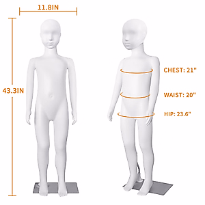 Child Mannequin Kids Dress Form Full Body White Skin Adjustable Detachable Manikin Body Display with Metal Base for Children 43.3 Inches