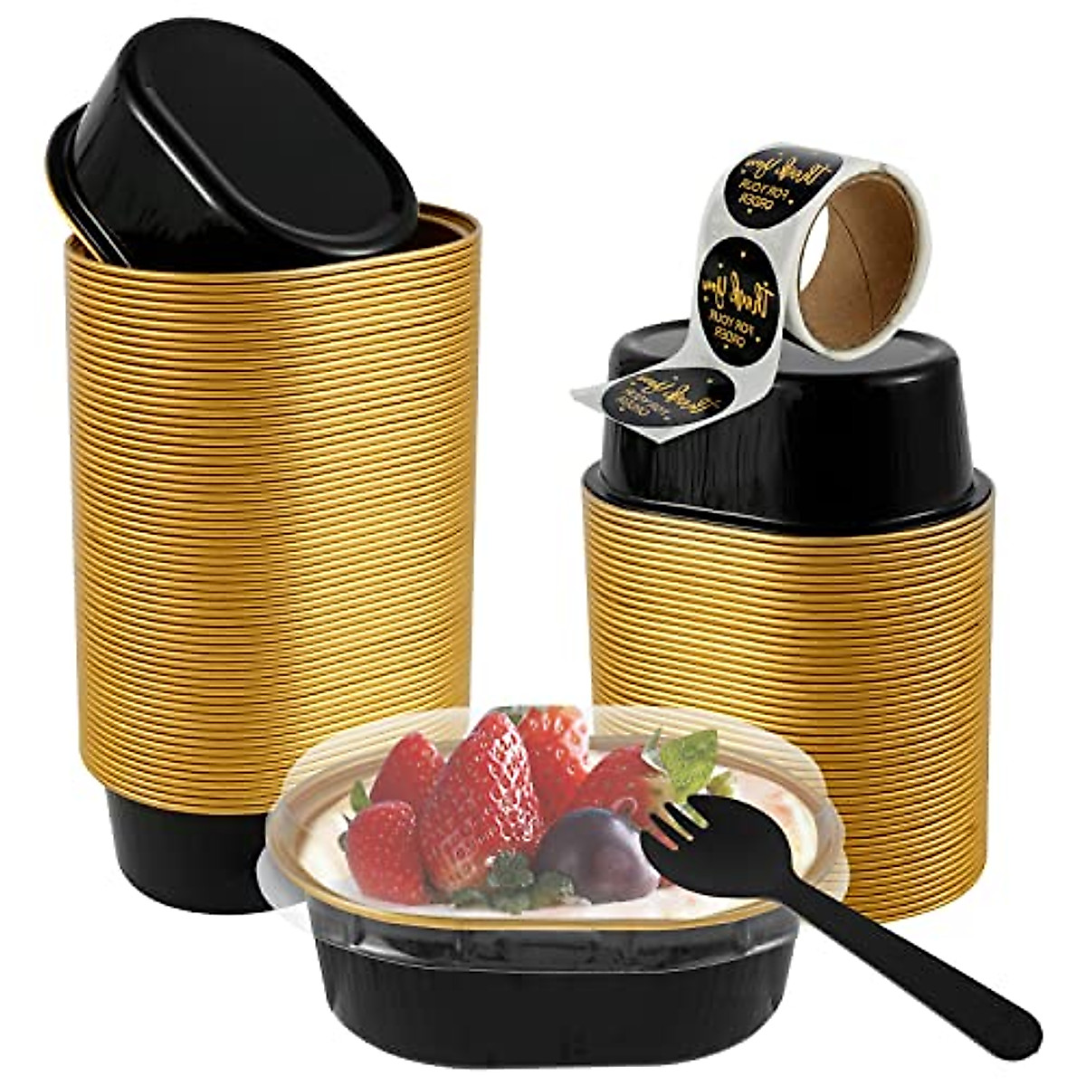 Nicoport 60Pcs Aluminum Foil Cake Container 68ml Heat-Resistant Foil Baking Cups with Clear Lids and Spoons Mini Oval Cake Pan Reusable Small Cheesecake Muffin Pan for Cake Cheese Dessert