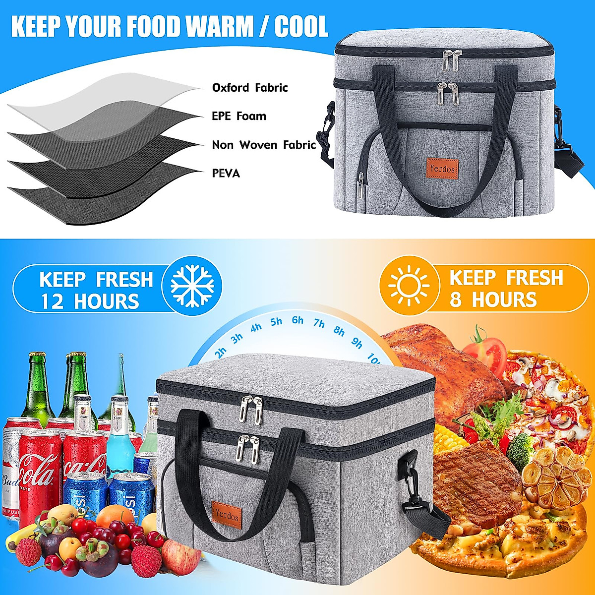 Yerdos Lunch Bag Women Insulated Lunch Box for Men, Light Durable Tote Bag with Adjustable Shoulder Strap for Office Work Picnic Hiking Beach Fishing-(Dark Grey)