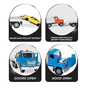 Driven by Battat – 4 Toy Vehicles for Kids&Toddlers – 7.5" Crane Truck, 7.5" Tow Truck, 7.5" Fire Truck, 7" Log Truck – Lights & Sounds – Gift Construction Toys for 3 Year Old+