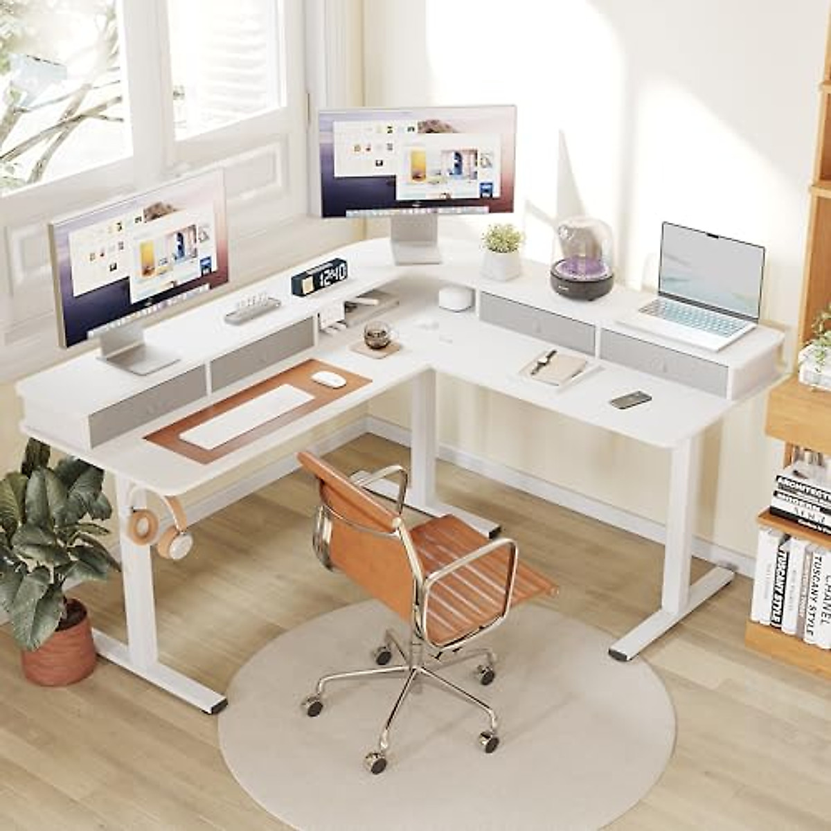 FLEXISPOT L Shaped Standing Desk with Shelf Electric Corner Table, Drawers, Adjustable Computer Workstation for Home, Office,USB Charging Port, 63x55in, White Top + White Frame