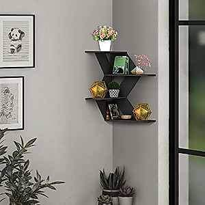 idee-home Corner Shelf Wall Mount, Rustic Hanging Floating Corner Shelf 4 Tier for Corner Wall Shelves Decor, Wood Mounted Decorativa Wall Storage Shelves for Bedroom, Bathroom, Black