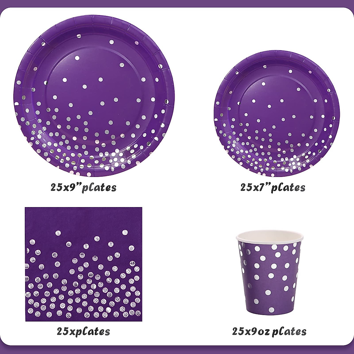 175PCS Purple Party Decorations Purple Plates and Napkins Party Supplies for 25 Guest,Purple and Silver Party Decorations Purple Paper Plates for Baby Shower,Wedding,Birthday,Graduation Party