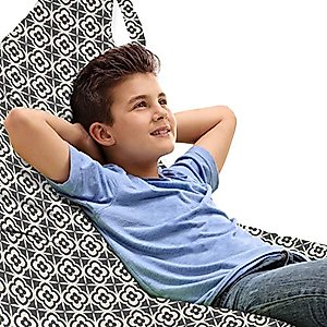 Lunarable Retro Lounger Chair Bag, Vintage Flower Mosaic Style of Geometric Squares Boho Ethnic Moroccan Pattern, High Capacity Storage with Handle Container, Lounger Size, Grey and Coconut