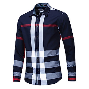 Men's Long Sleeve Slim-Fit Lightweight Plaid Cotton Shirt (199, Royal Blue, Large+)