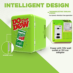 CURTIS MIS151MD Mountain Dew Retro, Mini Portable Compact Personal Fridge Cooler, 4 Liter Capacity Chills Six 12 oz Cans, 100% Freon-Free & Eco Friendly, 6, White/Green